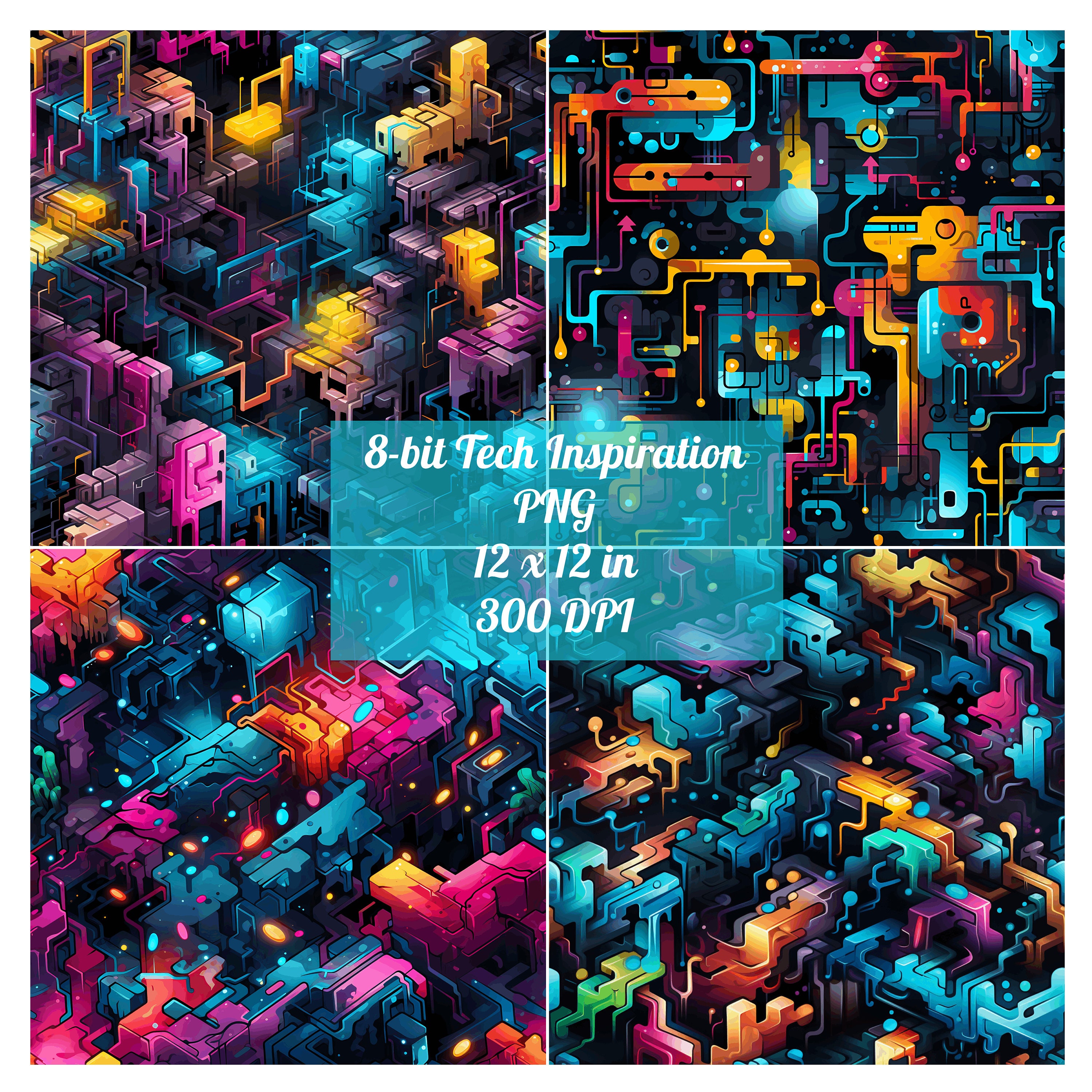 8-bit Tech Inspiration Seamless Digital Papers, 4 PNG Files, Commercial ...