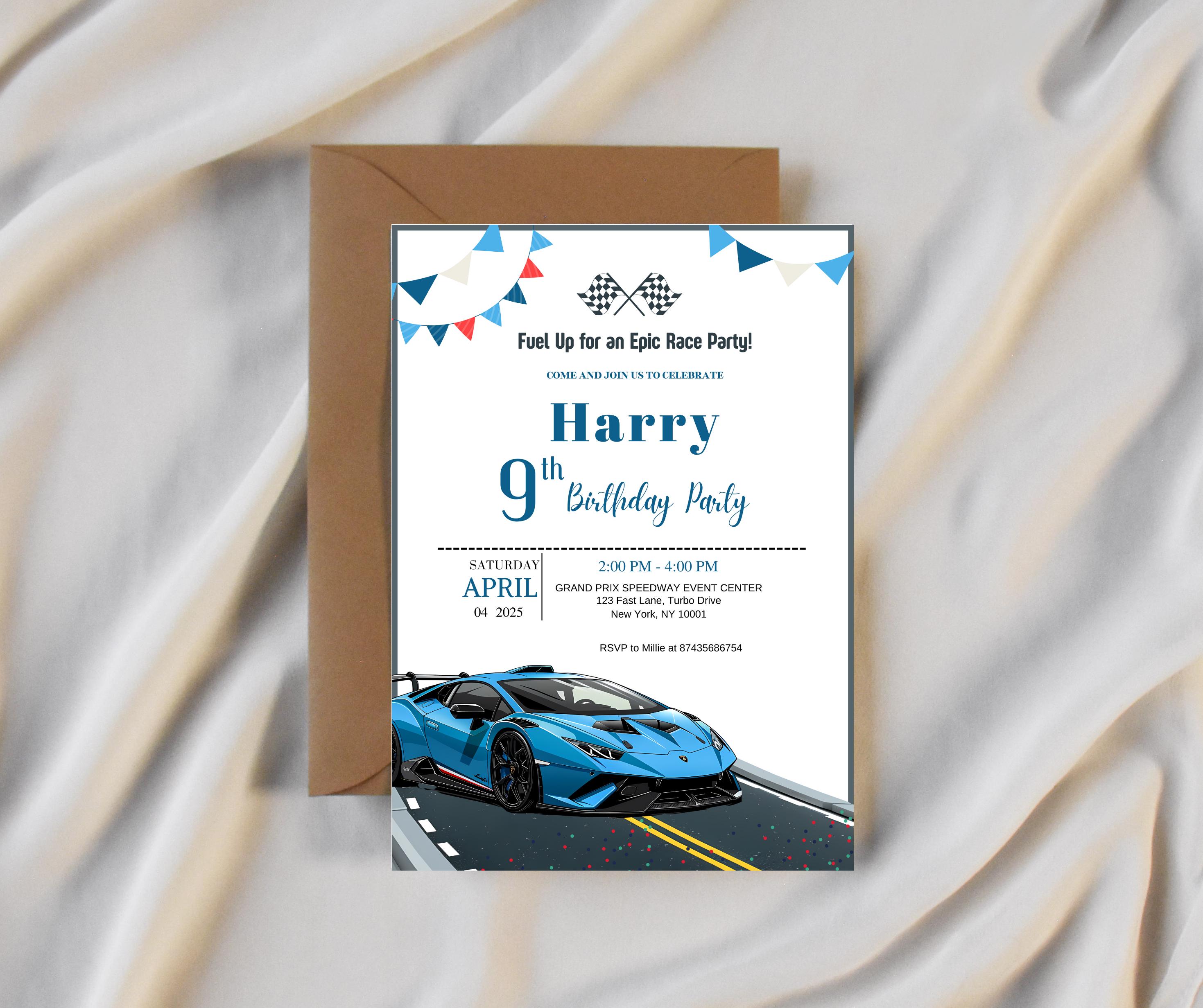 Race Cars Wheels Birthday Party Invitation Template for Toddler, Fast ...