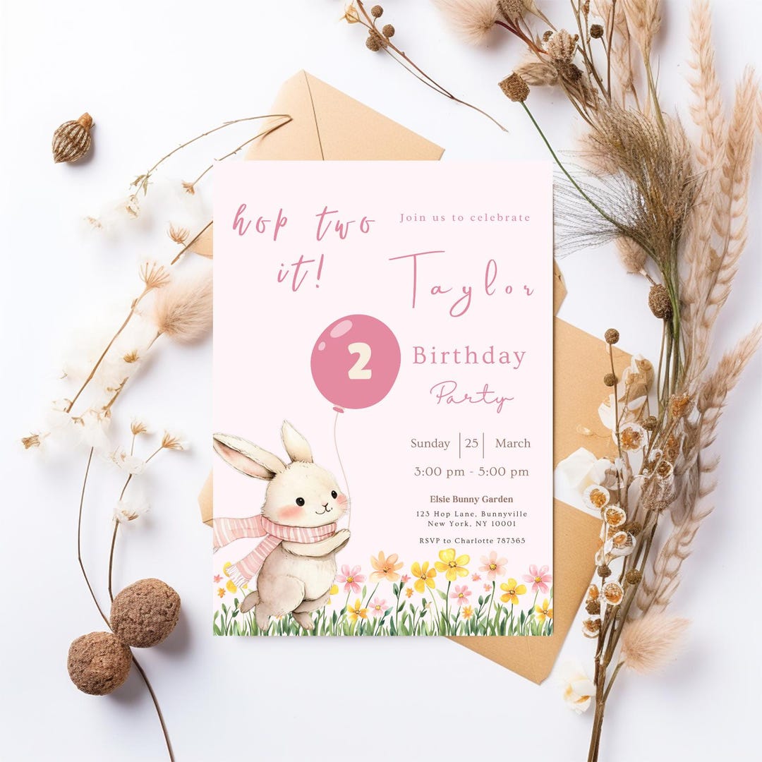 Pink Bunny Birthday Invitation, Some Bunny Hop Two It, Editable ...