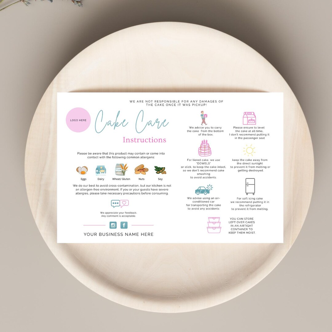 Home Baker Cake Care Card, Allergen Notice Care Card Editable Canva ...