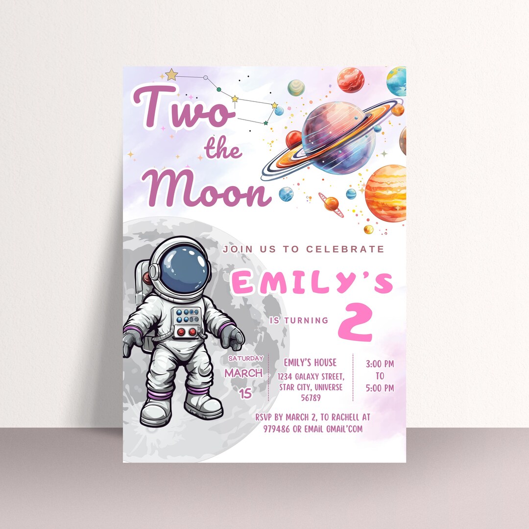 Two the Moon 2nd Birthday Invitation , Outer Space Party Invite | Moon ...