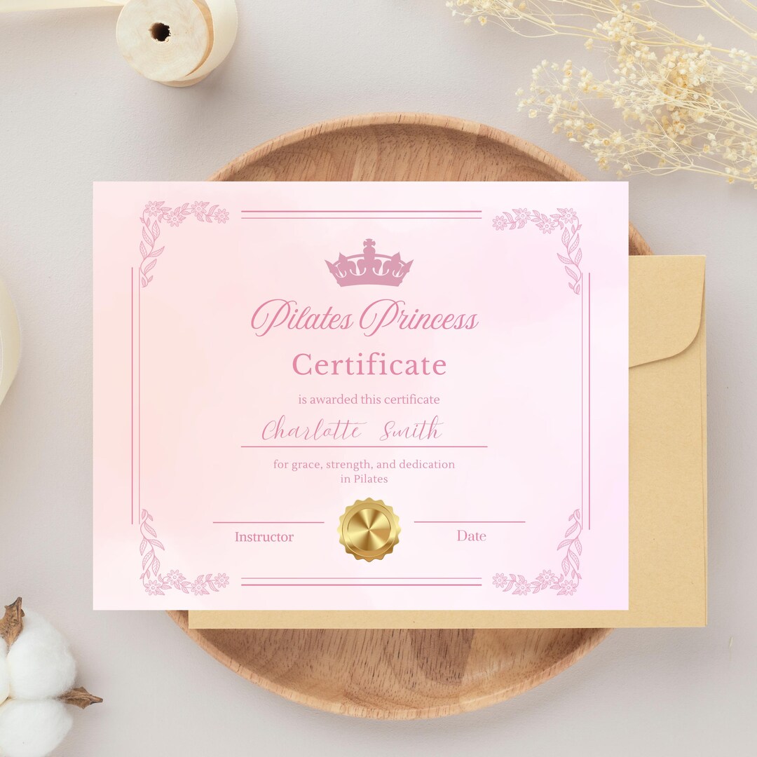 Pilates Princess Certificate Template, Award for Fitness, Printable ...