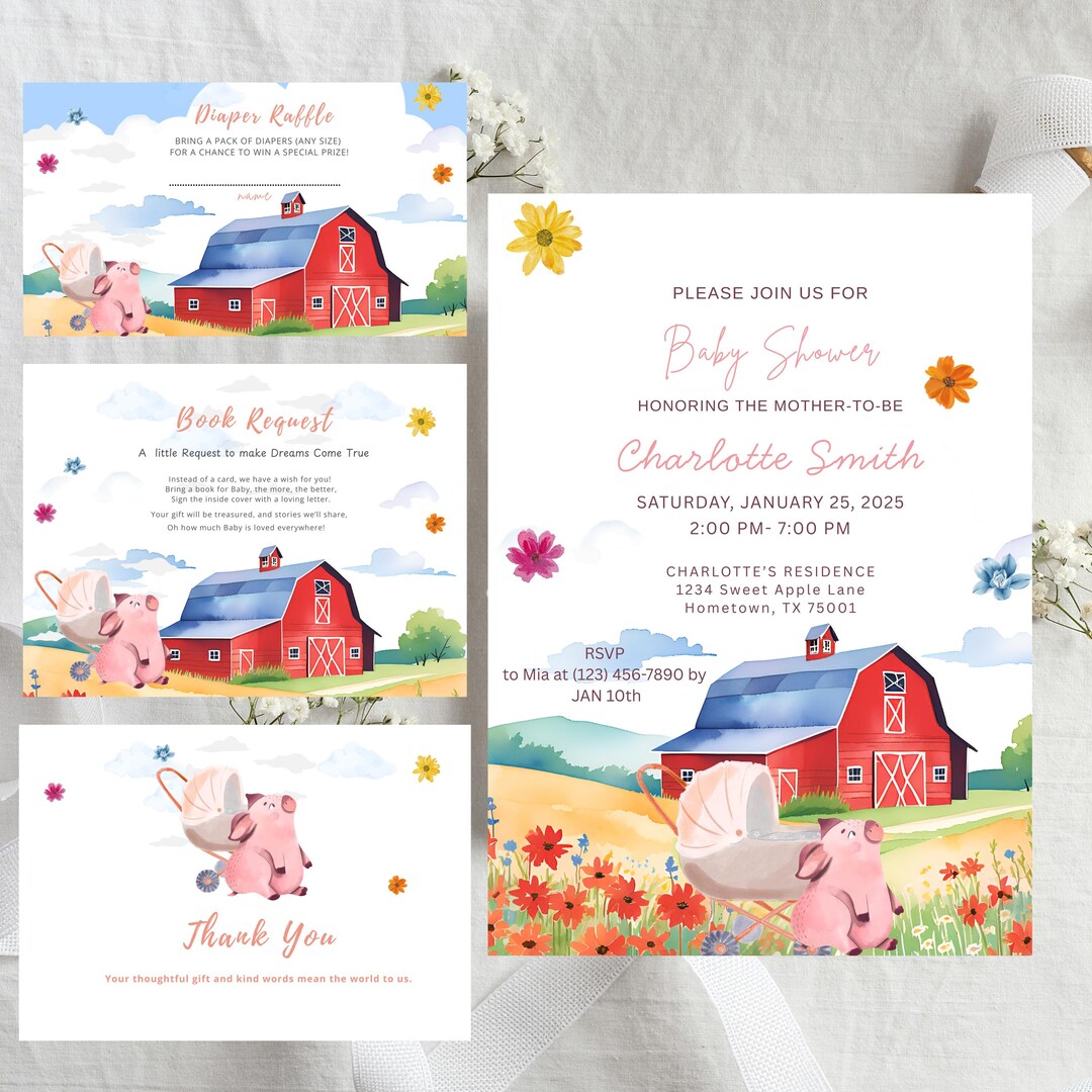 Pig Out Farm Baby Shower Invitation, Pig Diaper Raffle, Book Request ...