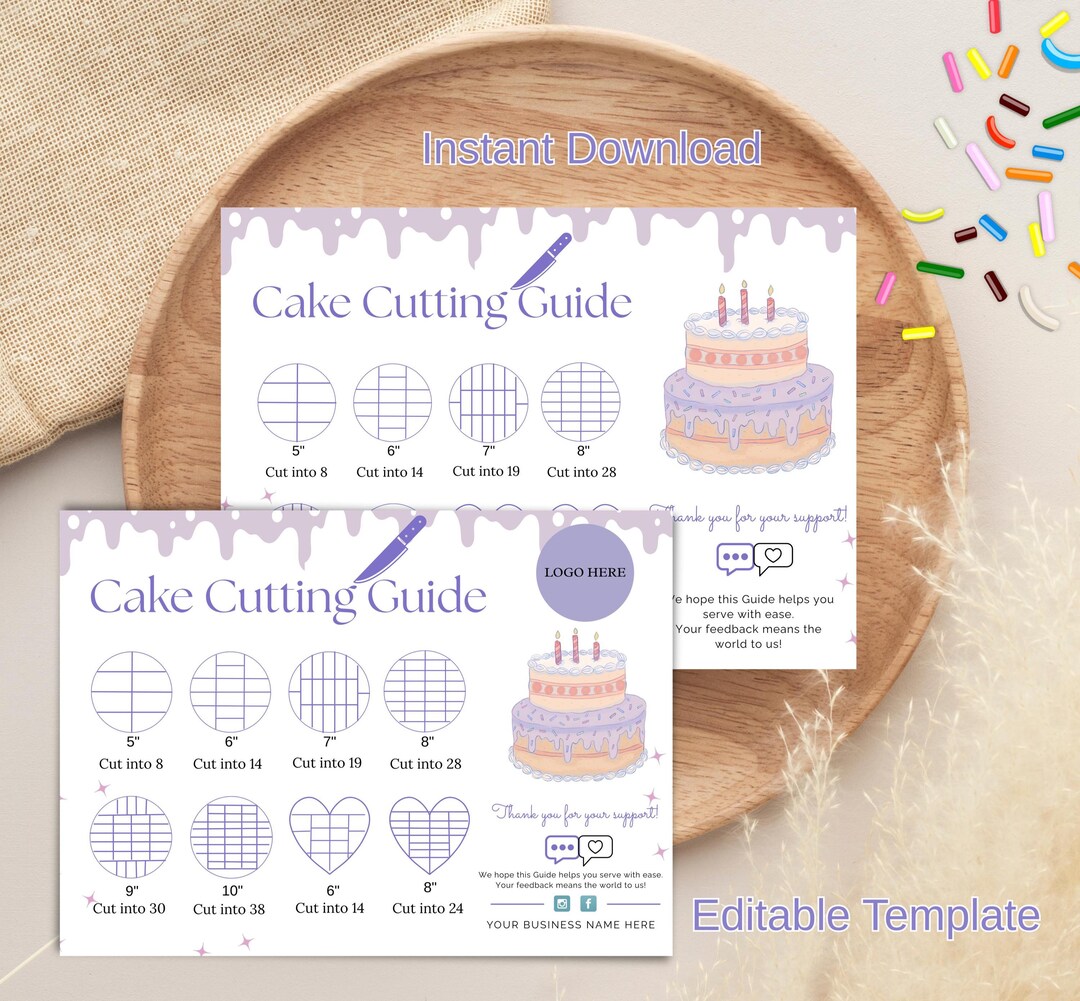 Editable Cake Cutting Guide Template: Heart & Round Cake Portion Sizes ...