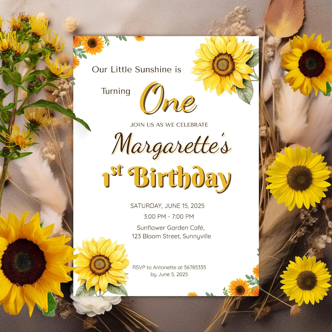 Sunflower Birthday Invitation, 1st Birthday Editable Canva Template ...