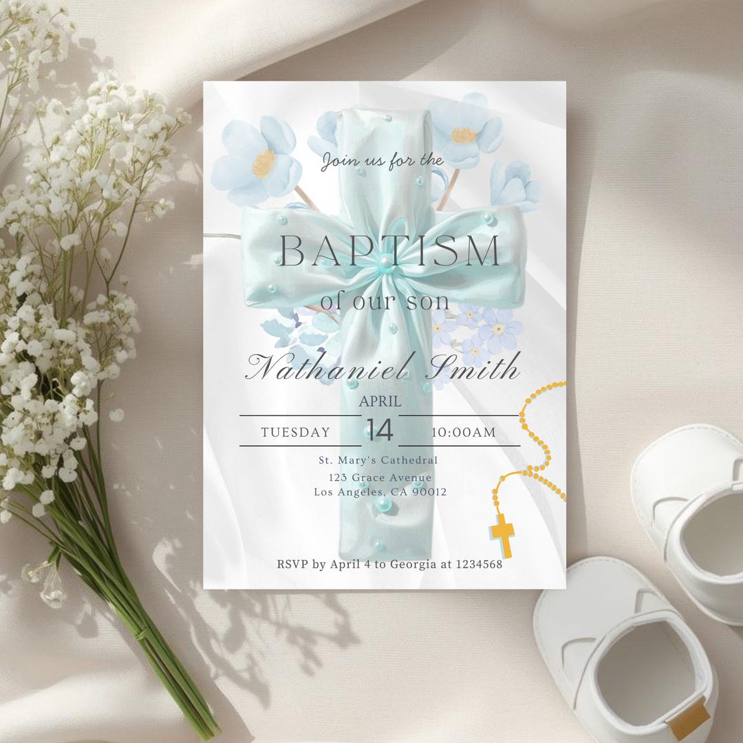 Boy Baptism Invitation, Christening Template, Baptism Announcement. - Etsy