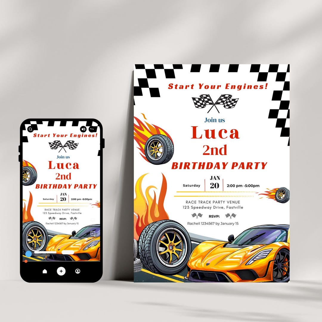 Car Wheels Birthday Party Invitation Template for Toddler, Fast Race ...