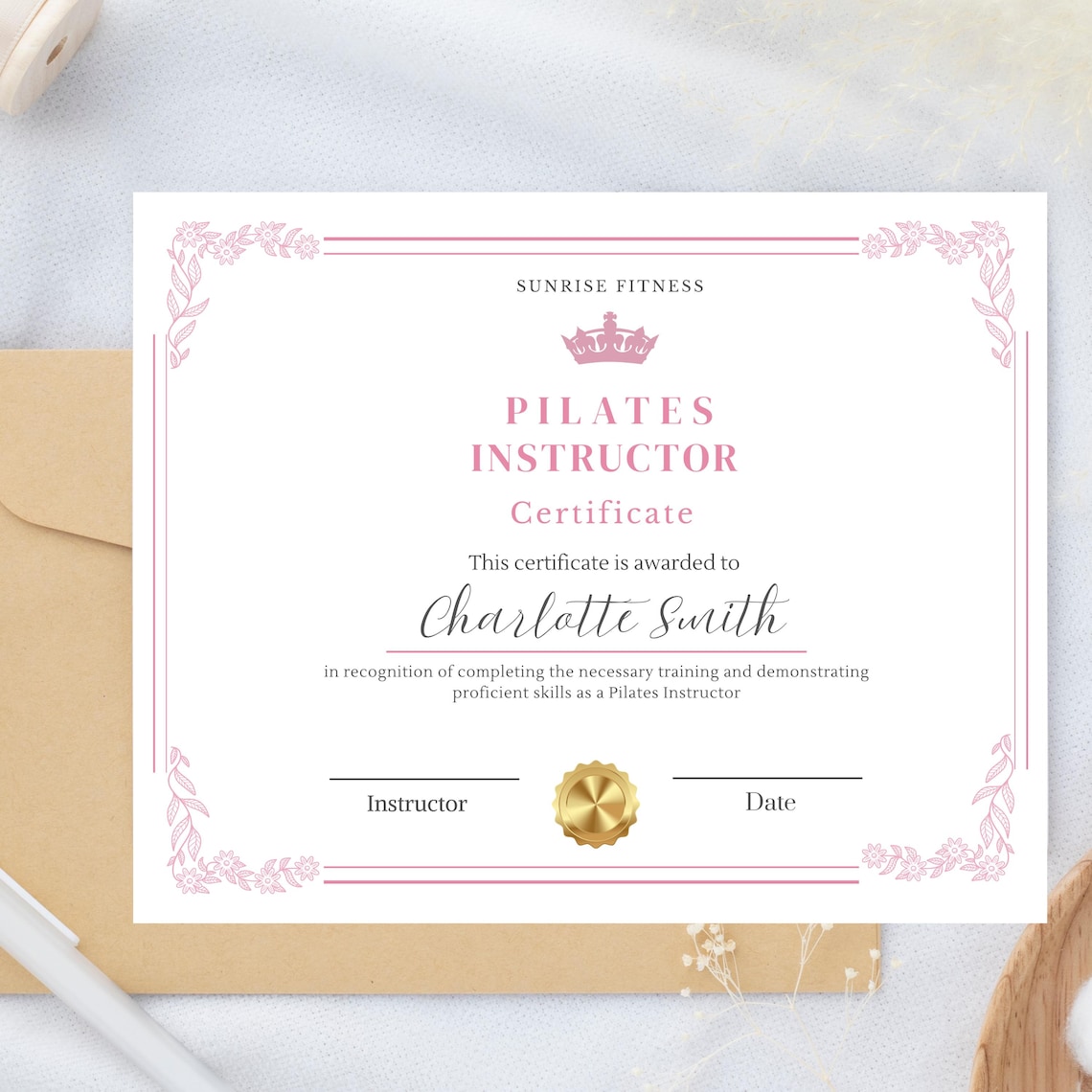 Pilates Instructor Certificate Template | Editable Canva Certificate ...