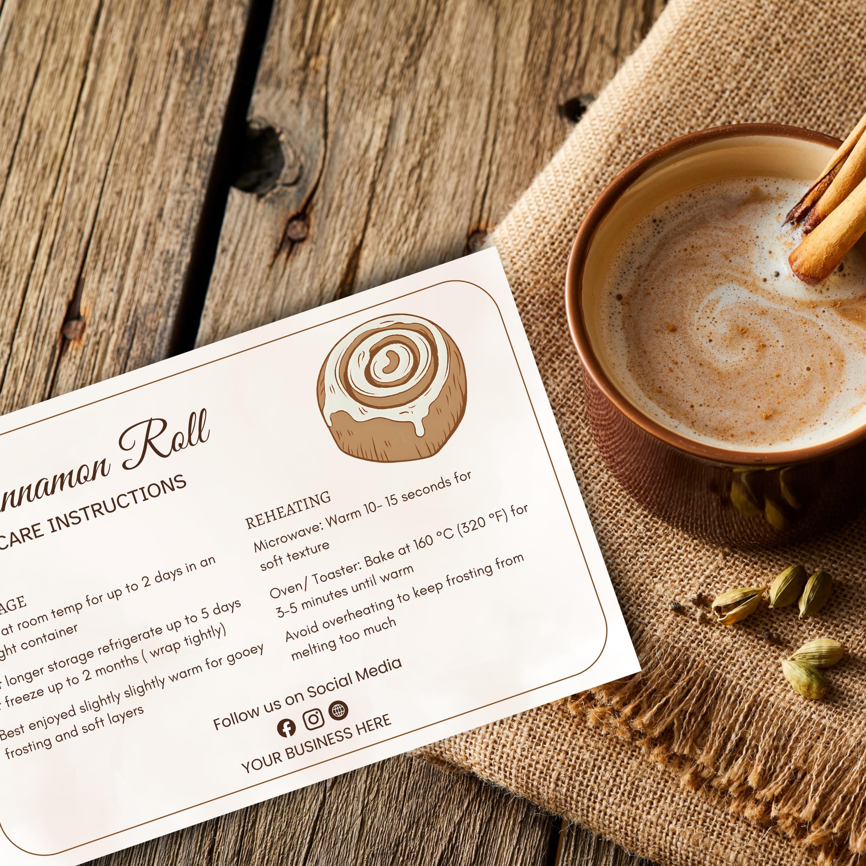 Cinnamon Roll Care Card, Bakery Care Instructions Printable, Editable ...