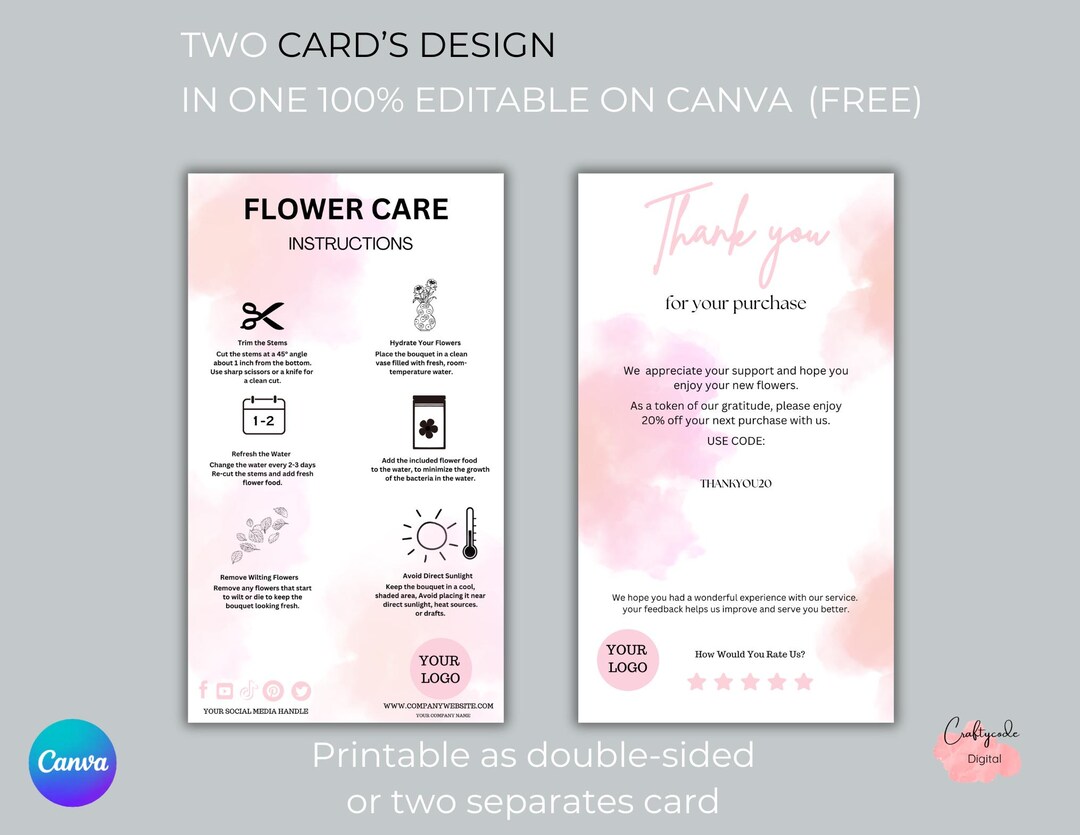 Mini Flowers Care Card, Flower Bouquet Care Card, Editable Bouquet Care ...