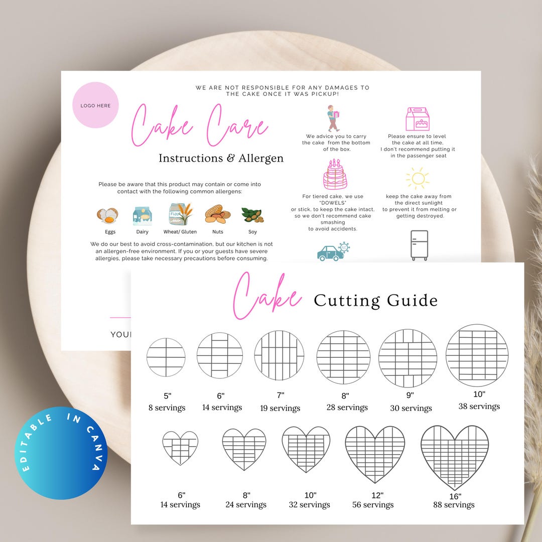 Editable Cake Care Card: Baker's Guide With Allergen Info & Cutting ...
