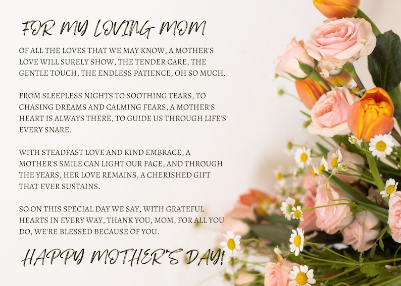Printable Mother's Day Card With Poem, Cute Printable Mother's Day Card ...