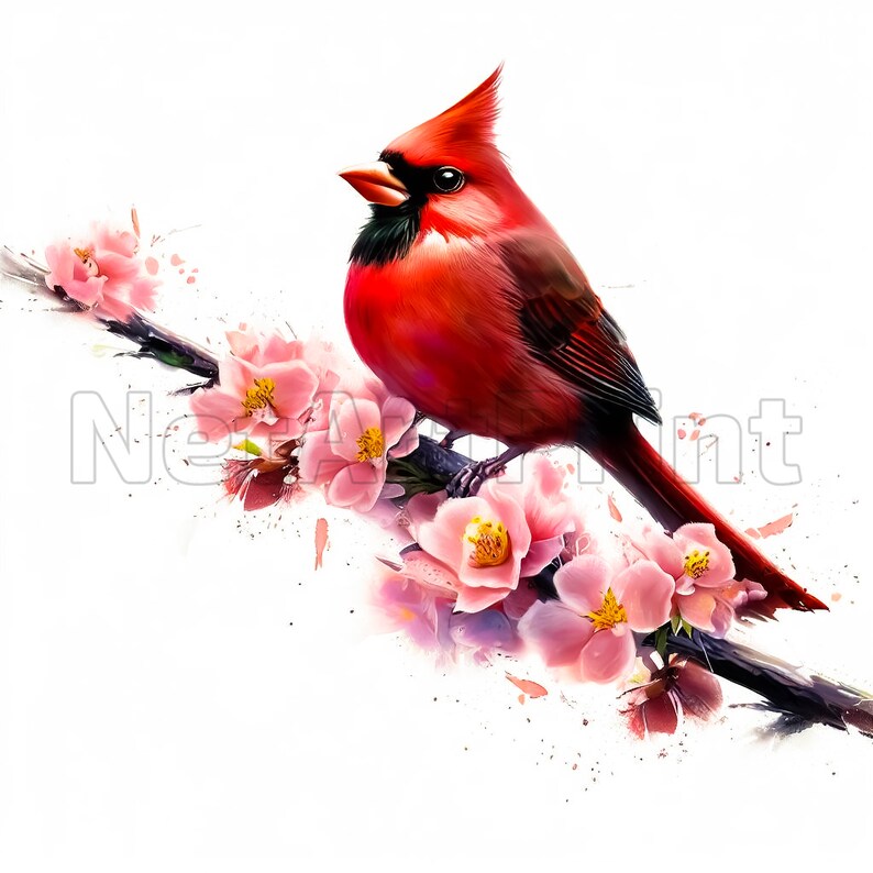 Red Cardinal Clipart 30 JPG Retro Red Cardinal on Flowering - Etsy