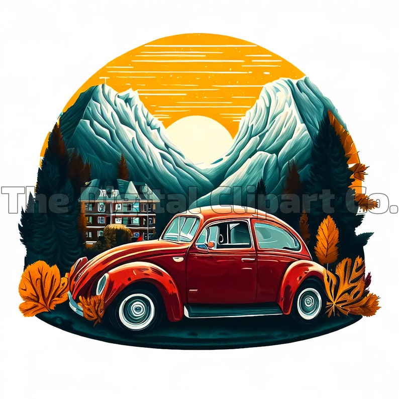 Volkswagen Beetle Car 25 JPG Clipart, Vw Beetle and Mountain Watercolor ...