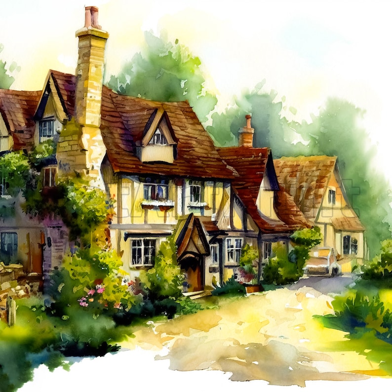 English Village 20 JPG Clipart, British Village Life Watercolor Art ...
