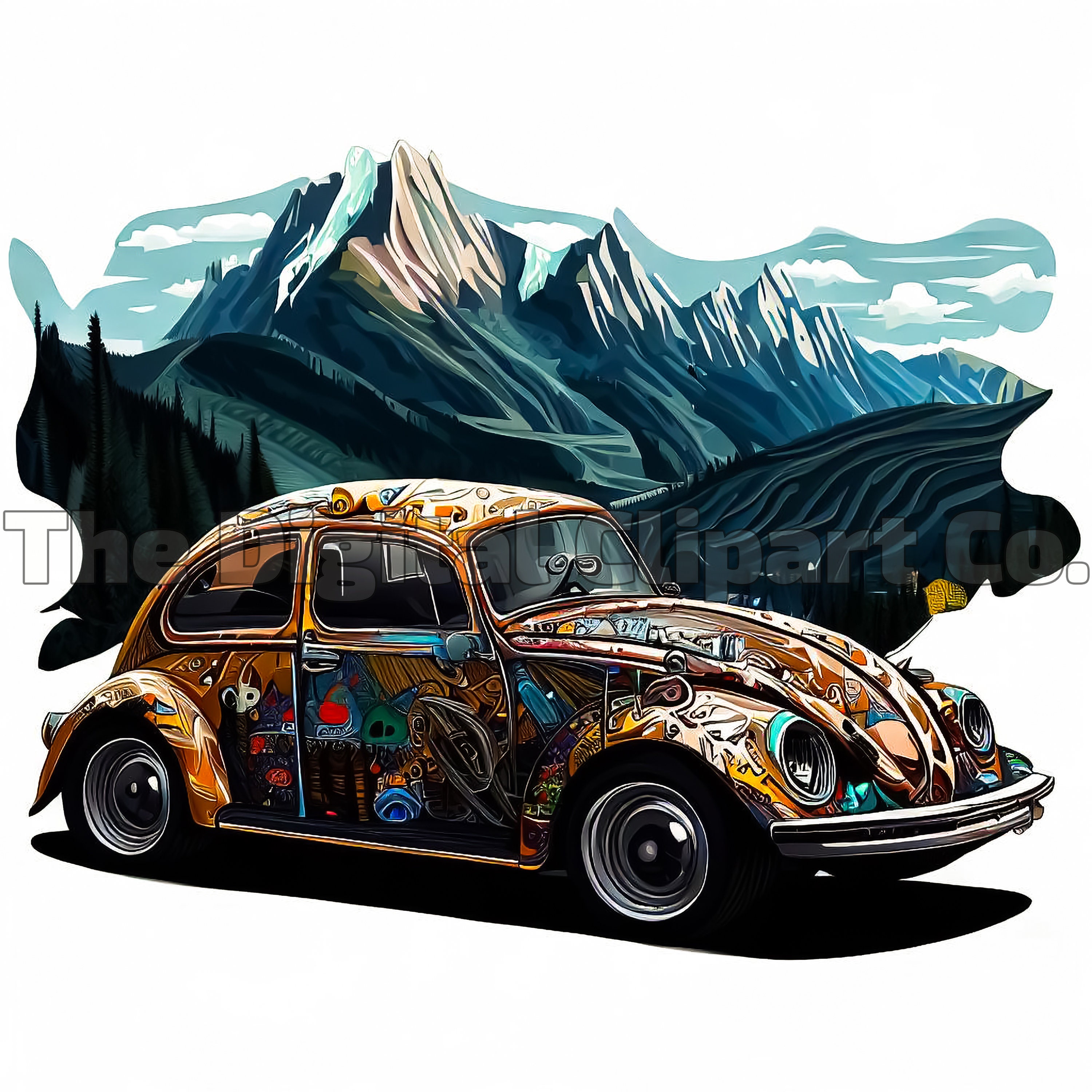 Volkswagen Beetle Car 25 JPG Clipart, Vw Beetle and Mountain Watercolor ...