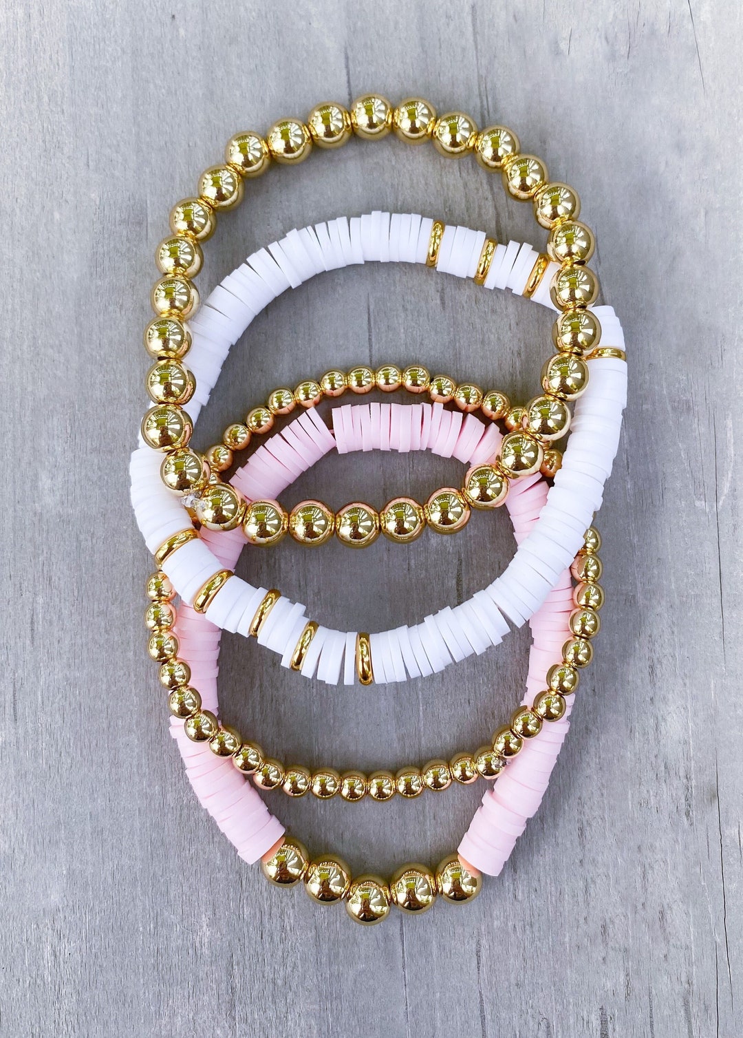Pink White Gold Heishi Bracelet Stack / Pink Heishi Bracelets / White ...