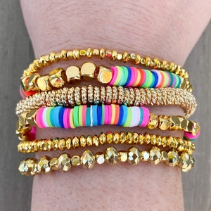 Gold Square Beaded Heishi Bracelets / Rainbow Heishi Stackable Bracelets / Clay Beads / Gold ...