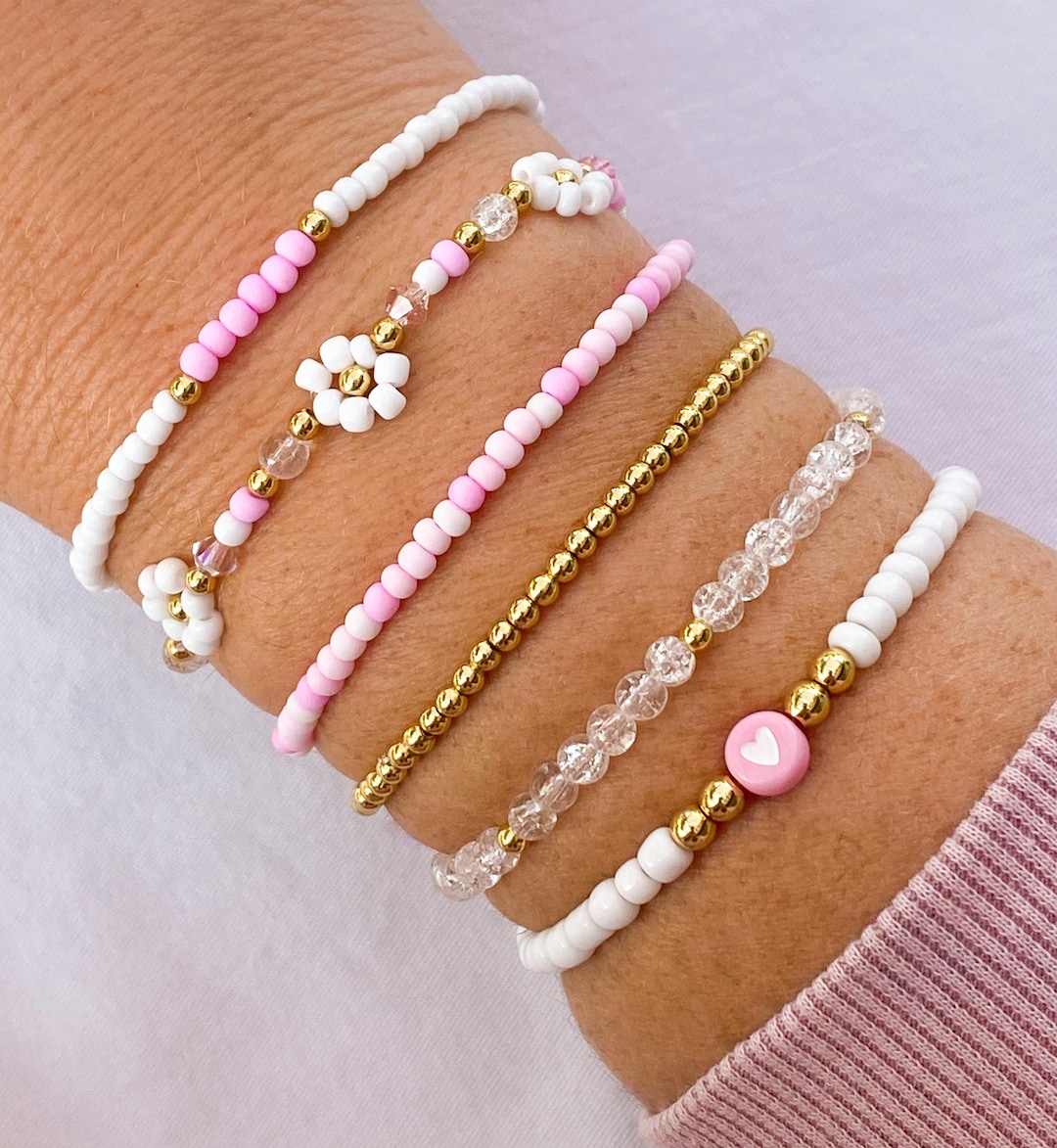 Pink Beaded Bracelet Set / Dainty Pink Beaded Bracelets / 3mm Frosted ...