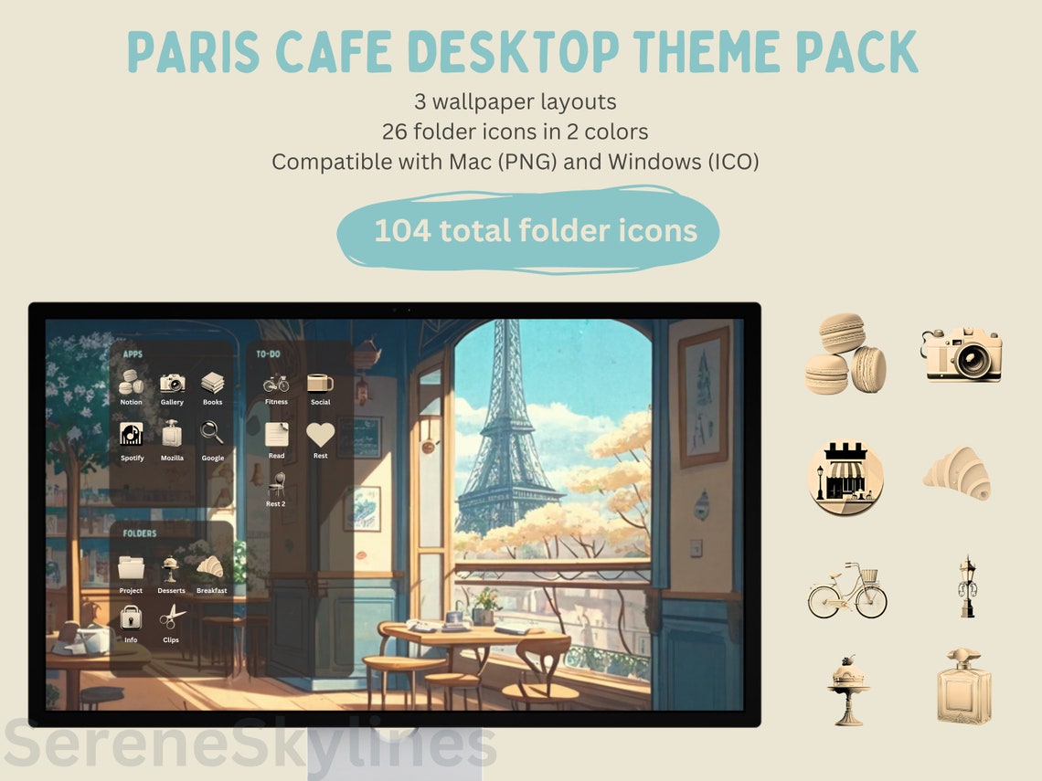 Paris Cafe Desktop Theme Pack File Folder Icons for Mac and Windows ...