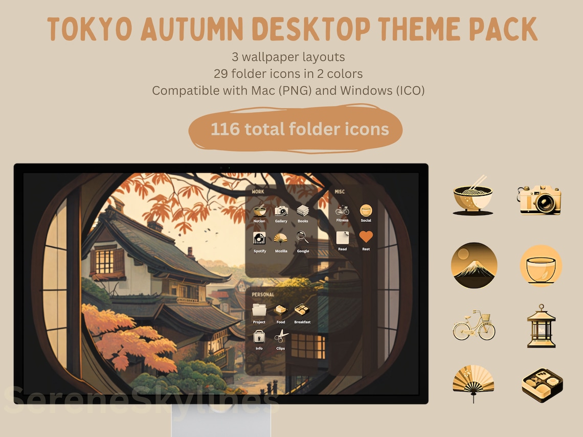 Tokyo Autumn Desktop Organizer Pack Kawaii Desktop Icons for Mac and ...