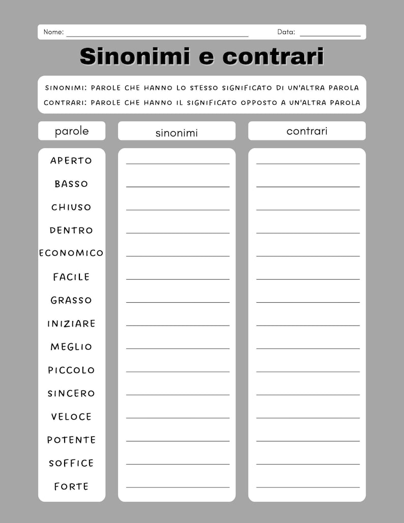Italian Vocabulary Exercise Synonyms and Antonyms Fillable PDF Instant ...
