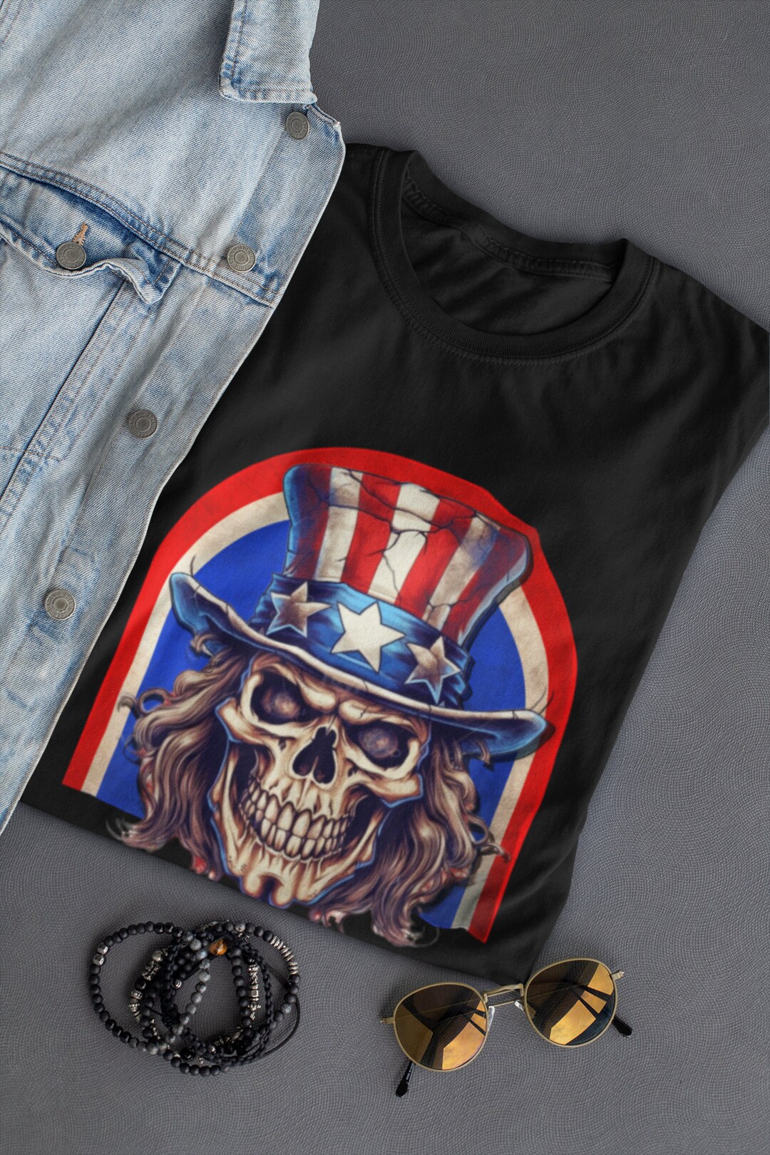 Uncle Sam Skull Red White and Blue Unisex Graphic Tee Horror Skull Shirt Horror Merch Gift ...