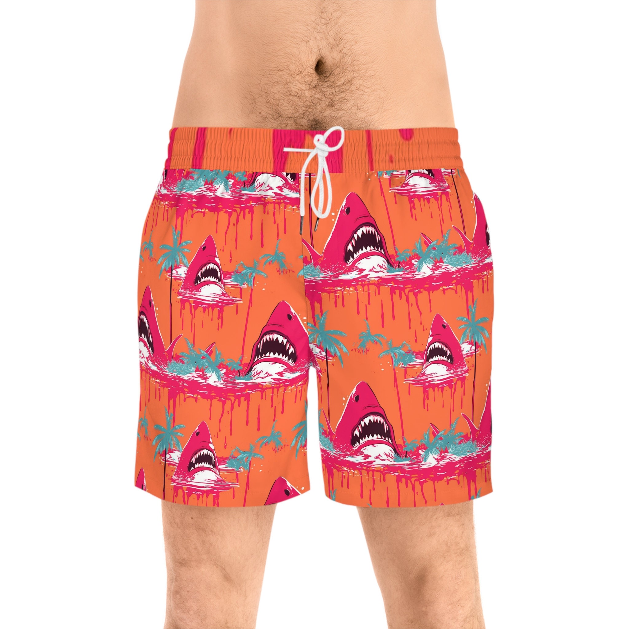 Neon Shark Mens Swim Trunks With Pockets Shark Pattern Midlength Swim ...
