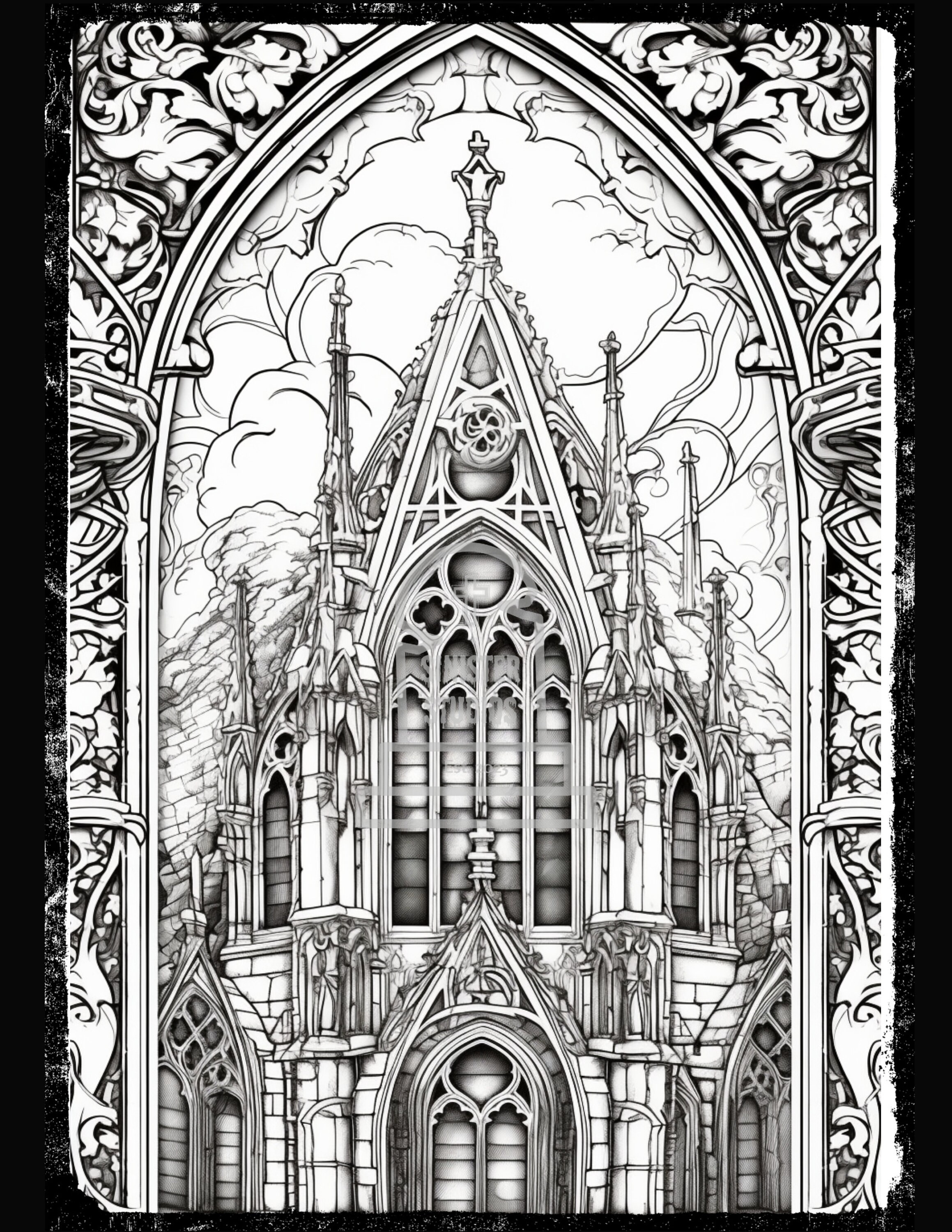 Gothic Castle Coloring Page Downloadable Coloring Sheet Spooky Adult ...
