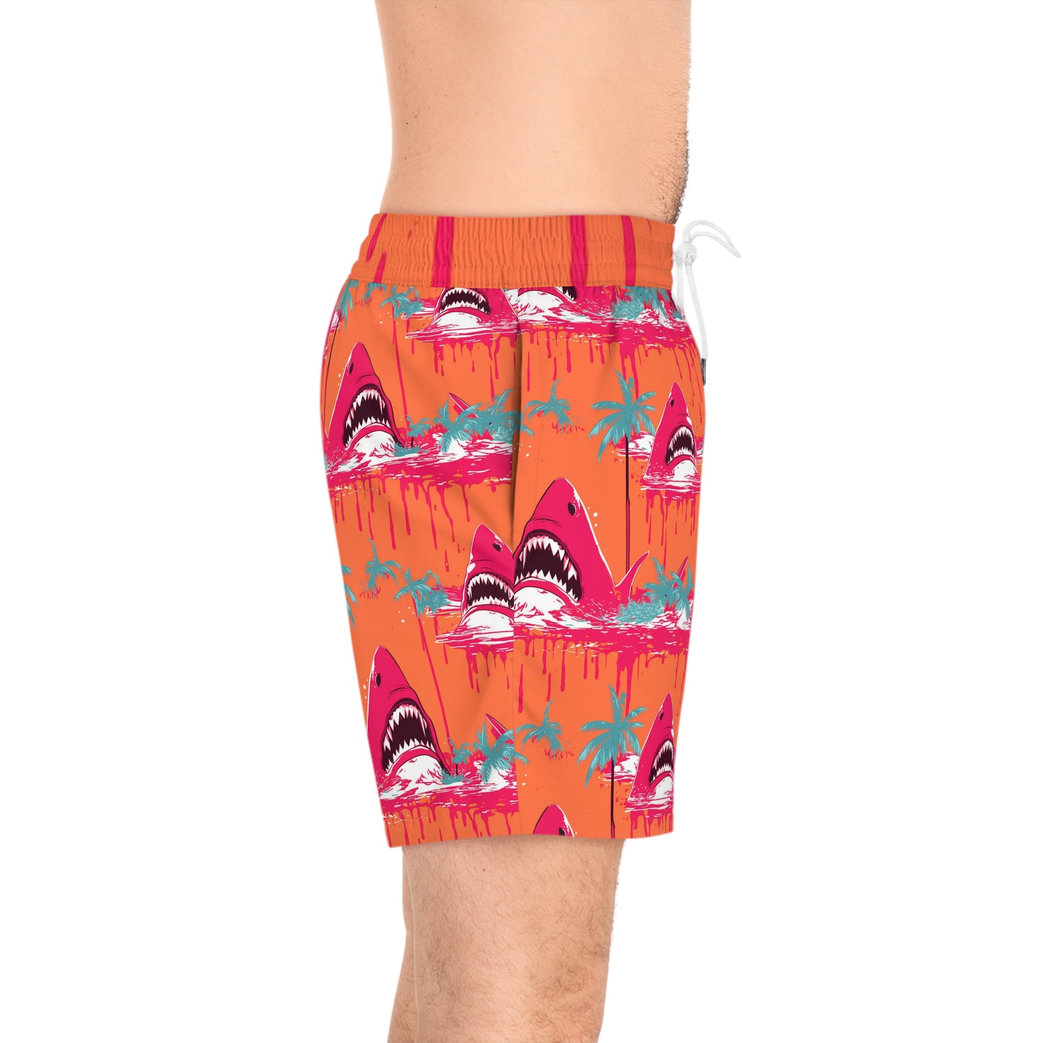 Neon Shark Mens Swim Trunks With Pockets Shark Pattern Midlength Swim ...
