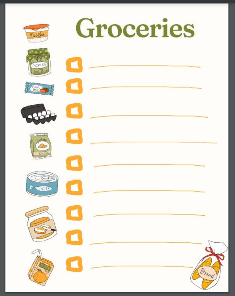 Grocery Shopping List Template With Fun and Cute Graphics - Etsy