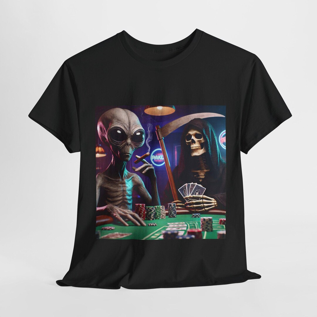 The Grim Reaper and an Alien Play Cards T-shirt - Funny Spooky ...