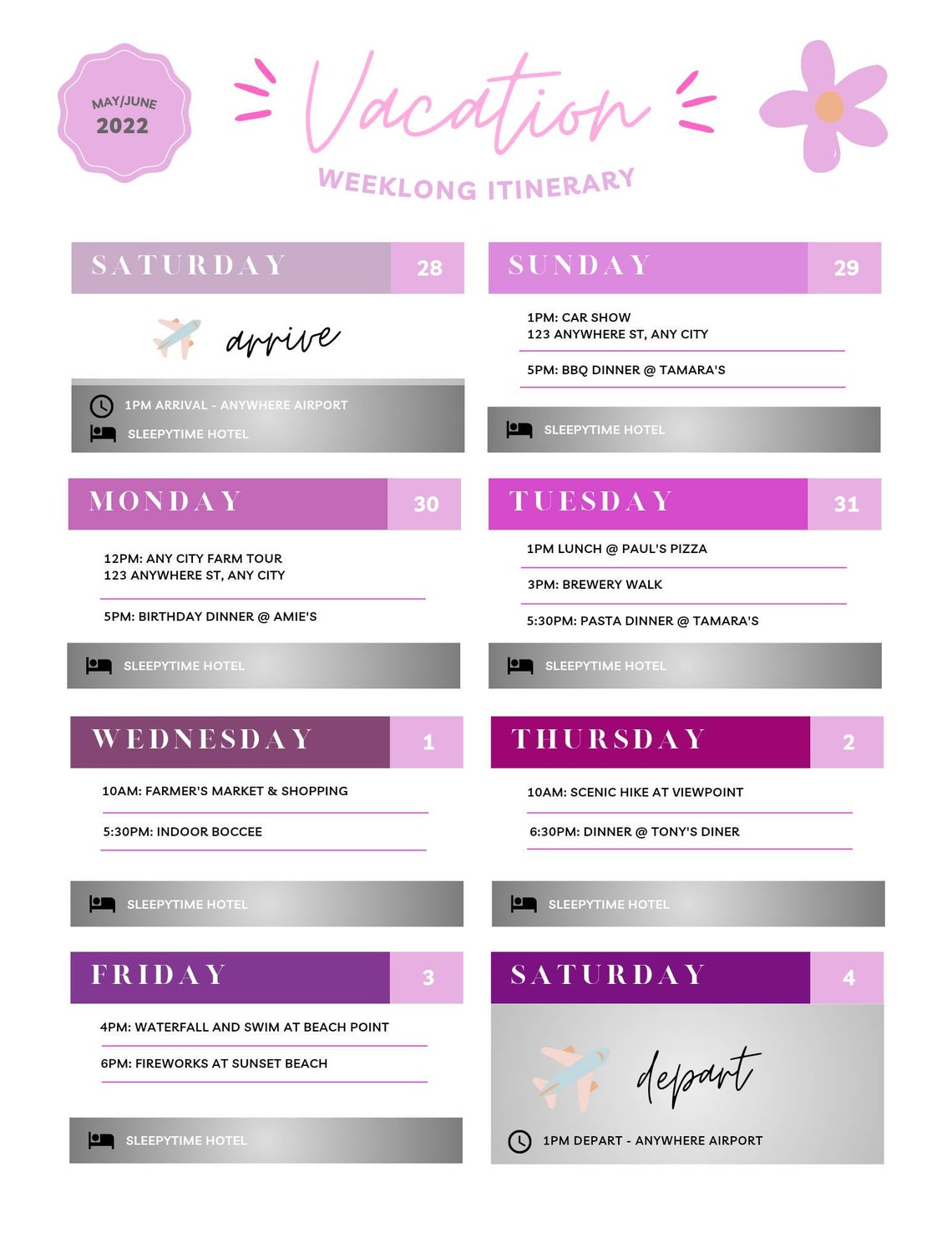Vacation Week-long Itinerary, Simplicity for Your Vacation, Digital ...