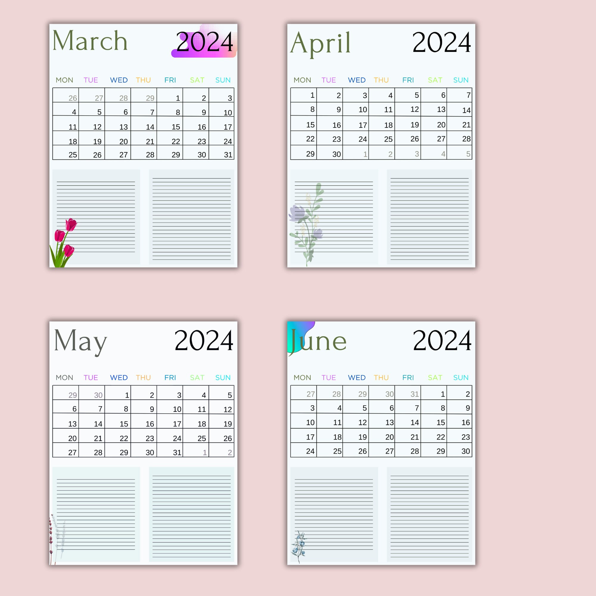 2024 Printable Calendar With Lines Calendar Template - Etsy