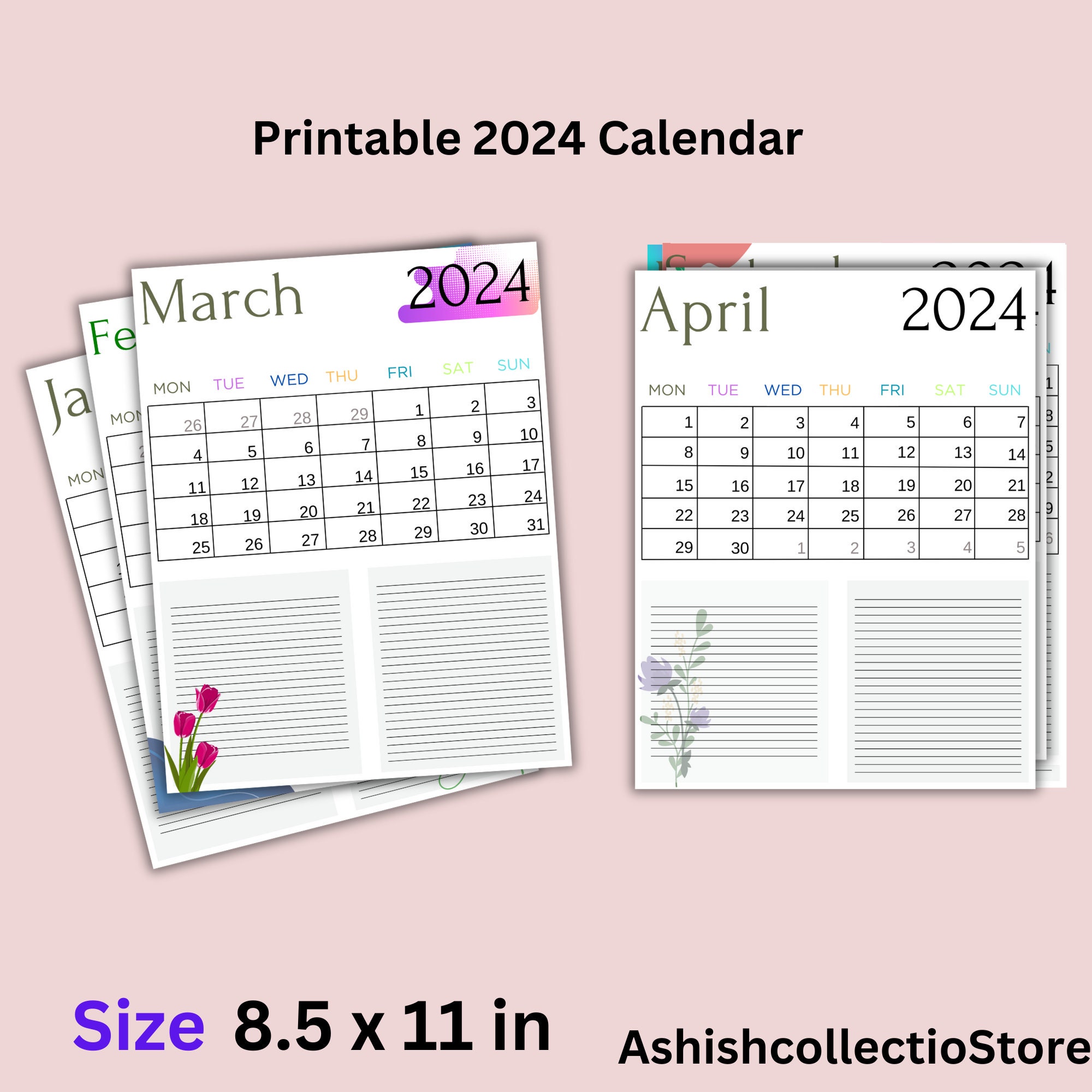 2024 Printable Calendar With Lines Calendar Template - Etsy