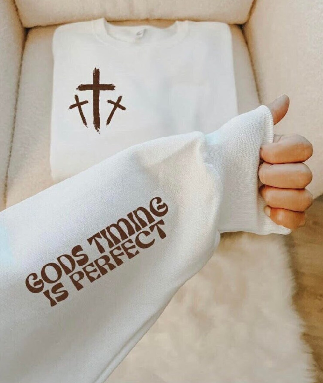 God's Timing is Perfect Brown Cross on Front Wording on Sleeve ...