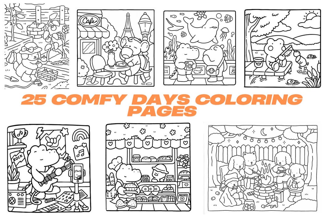 Comfy Days Coloring Page | Cute Animal Characters Enjoying Cozy Hygge ...