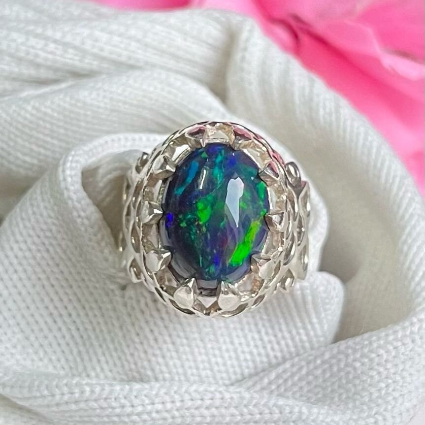 AAA+ Black Opal Ring- Natural Black Opal Mens Ring- 925 Sterling Silver ...