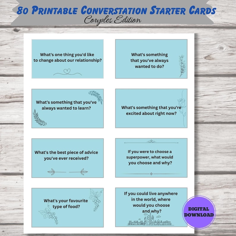 80 Conversation Starters Cards | Couples Conversation Starter Cards ...