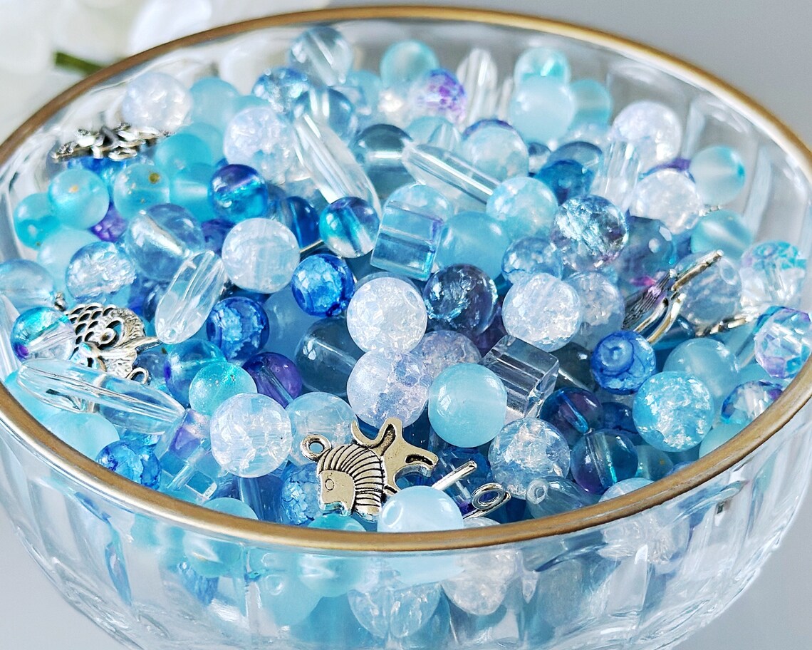 Mystery High Quality Blue Glass Assorted Bead Soup With Charms, DIY ...