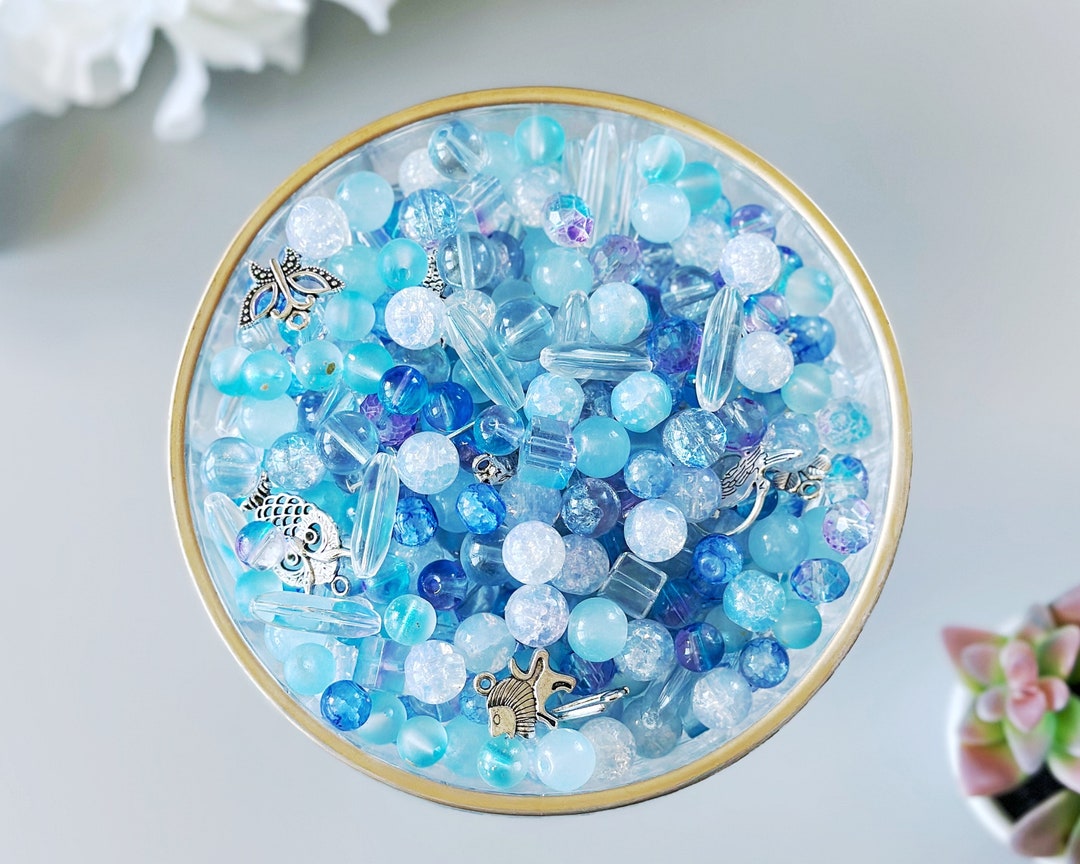 Mystery High Quality Blue Glass Assorted Bead Soup With Charms, DIY ...