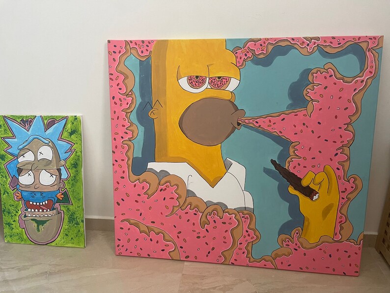 Homer Simpson Smoking Weed Painting With Pink Donut Smoke High-quality ...