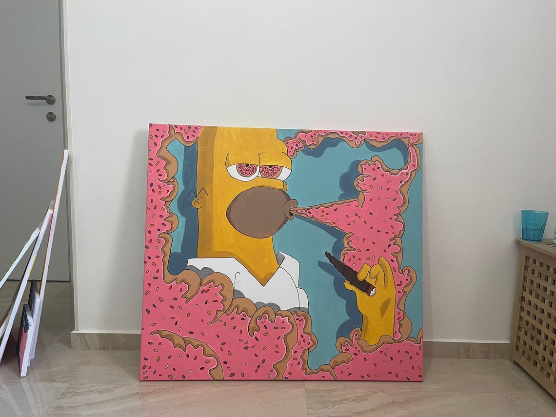 Homer Simpson Smoking Weed Painting With Pink Donut Smoke - Etsy