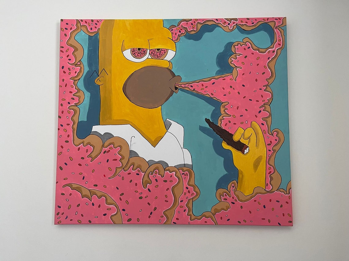 Homer Simpson Smoking Weed Painting With Pink Donut Smoke - Etsy