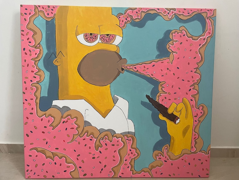 Homer Simpson Smoking Weed Painting With Pink Donut Smoke High-quality ...