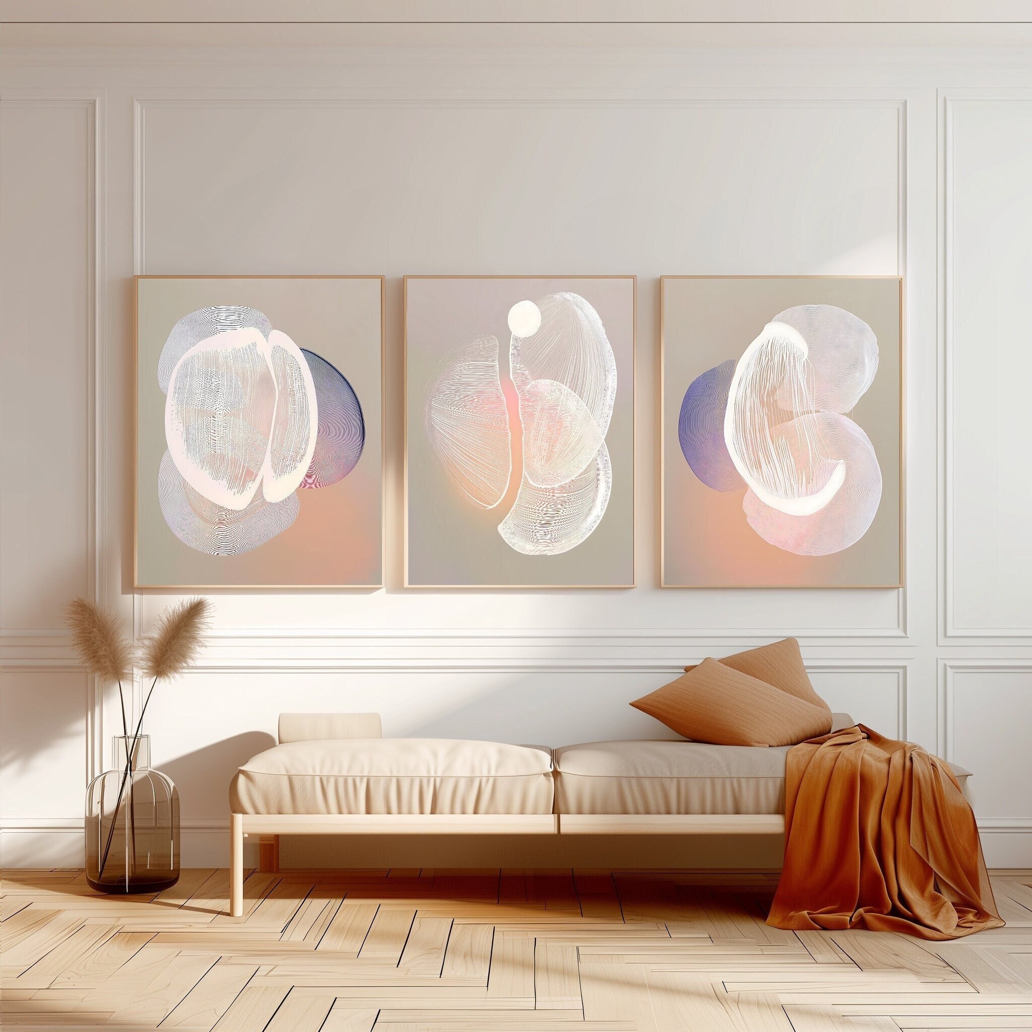 Set of 3 Modern Abstract Art Print, Triptych Japandi Neutral Wall Art ...
