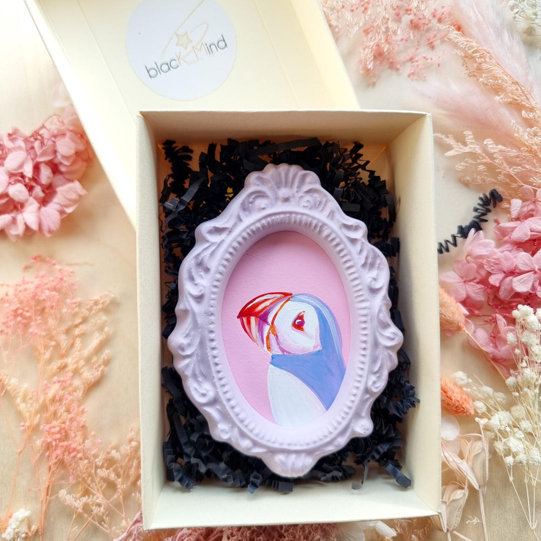 Pastel Puffin Acrylic Painting, Mini Gypsum Frame, Pink Sweet, Painting ...