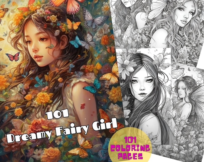 101 Dreamy Fairy Girls Coloring Book for Adults and Children. Grayscale ...