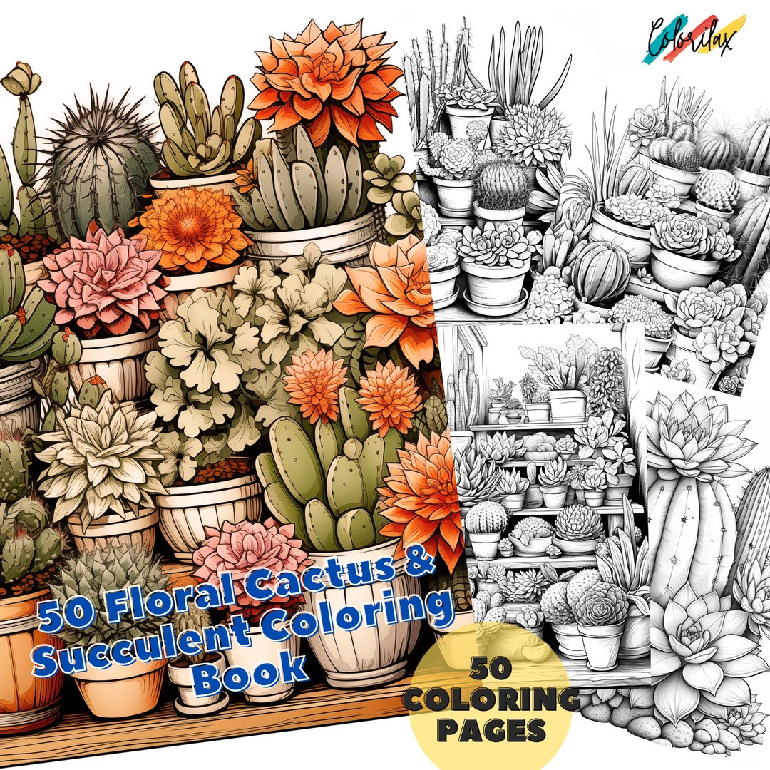50 Floral Cactus & Succulent, Floral Cactus Coloring Book for Adults ...