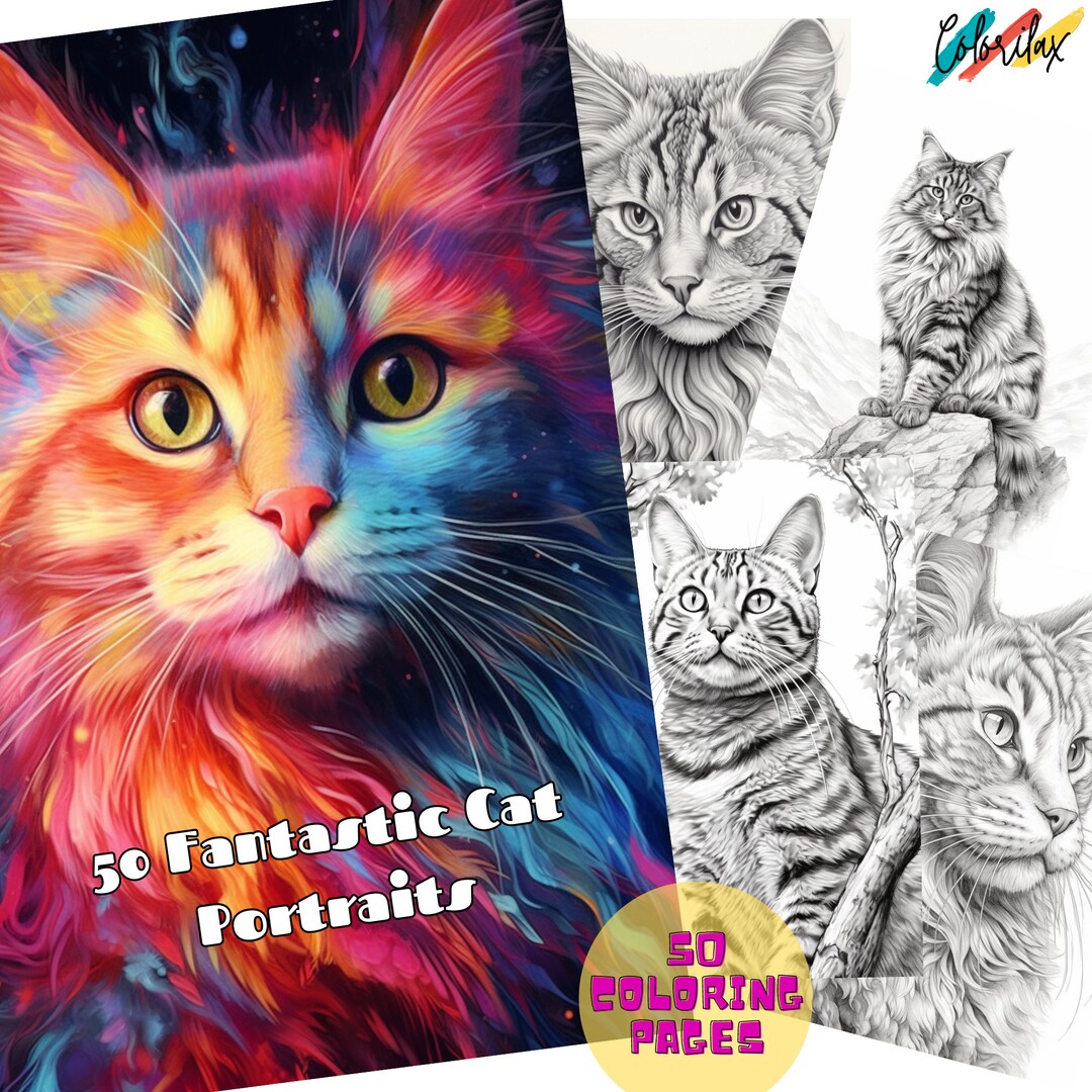 50 Fantastic Cat Portraits Coloring Pages for Adults, Printable, Unique ...